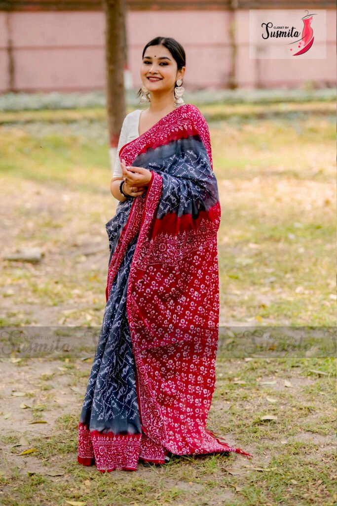 Ash Red Cotton Tey Dey Saree - Closet By Susmita