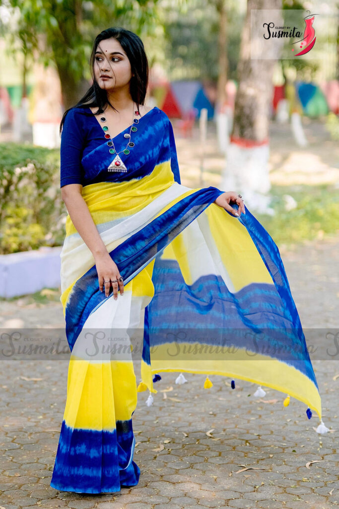 Yellow Blue Saree - Closet By Susmita